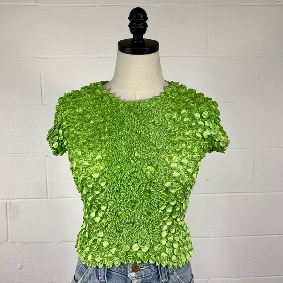 Vintage | Tops | Vintage Y2k Popcorn Crinkle Shirt Green Satin Short ...